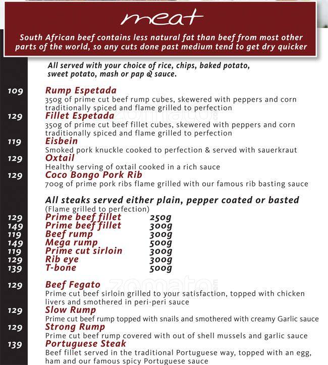 Menu at Coco Bongo restaurant, Randburg