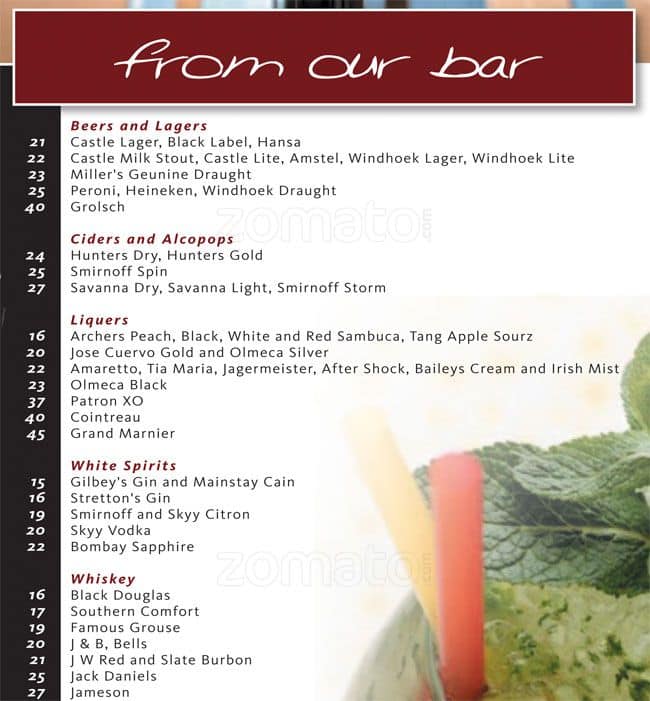 Menu at Coco Bongo restaurant, Randburg