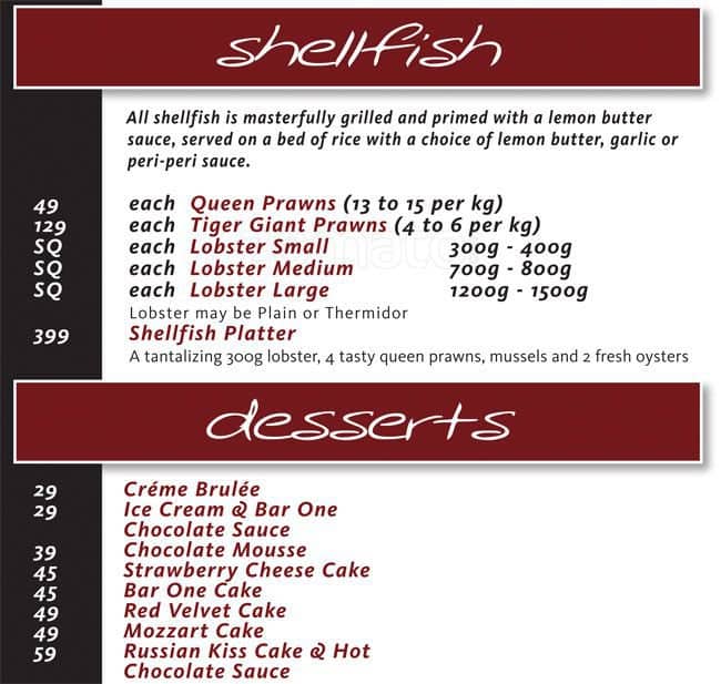 Menu at Coco Bongo restaurant, Randburg