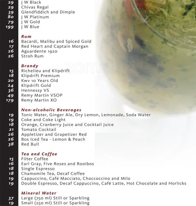 Menu at Coco Bongo restaurant, Randburg