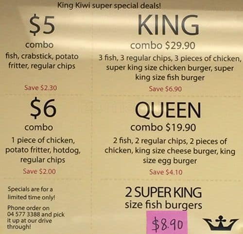 Menu at King Kiwi restaurant, Lower Hutt, High St