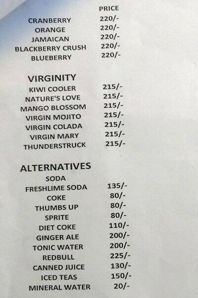 Menu at Vertigo The High Life, Hyderabad