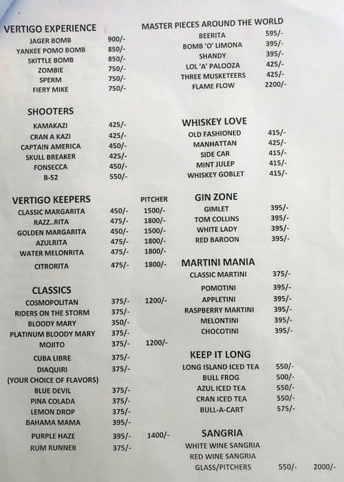 Menu at Vertigo-The High Life, Hyderabad