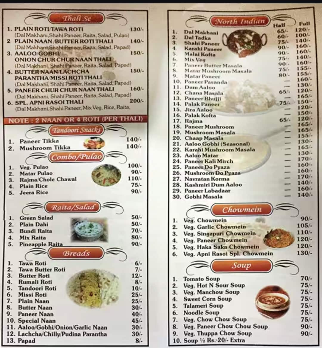 Menu of Apni Rasoi, Kamla Nagar, New Delhi