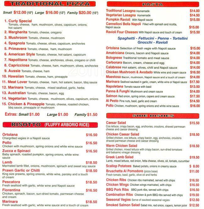 Menu at Curly Joe's pizzeria, Fitzroy North