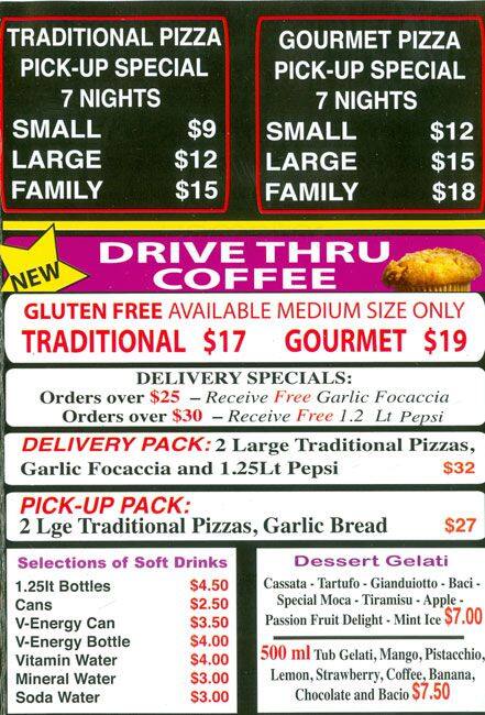 Menu at Curly Joe's pizzeria, Fitzroy North