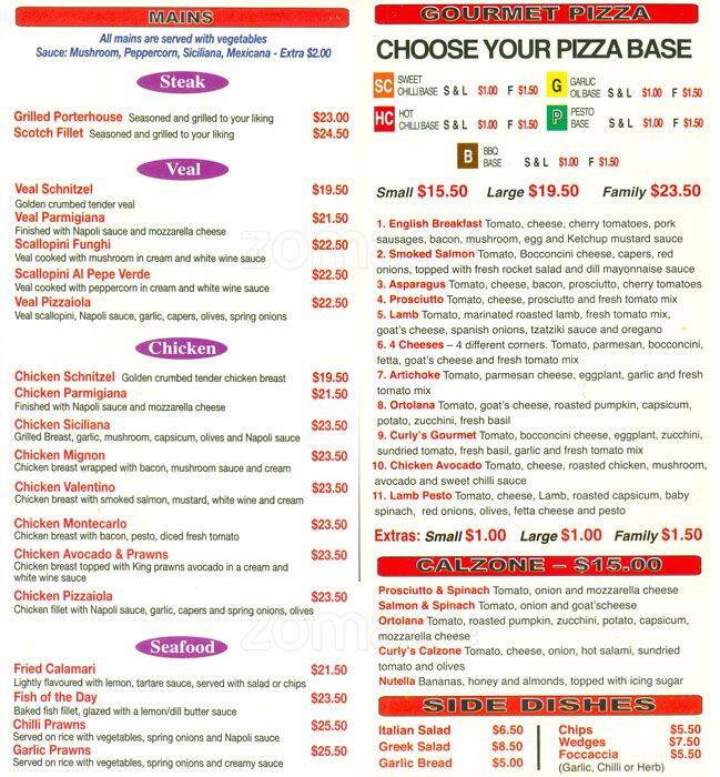 Menu at Curly Joe's pizzeria, Fitzroy North