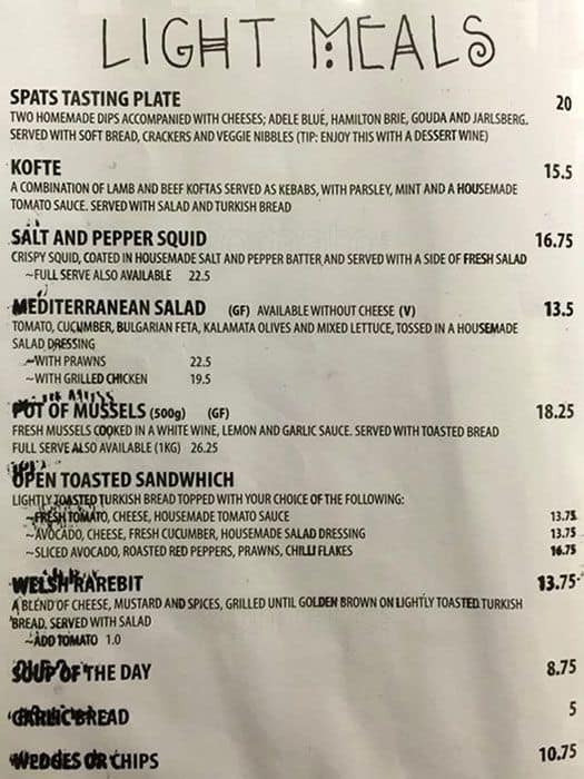 Menu at Spats cafe, Adelaide