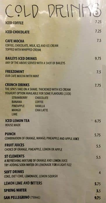 Menu at Spats cafe, Goodwood