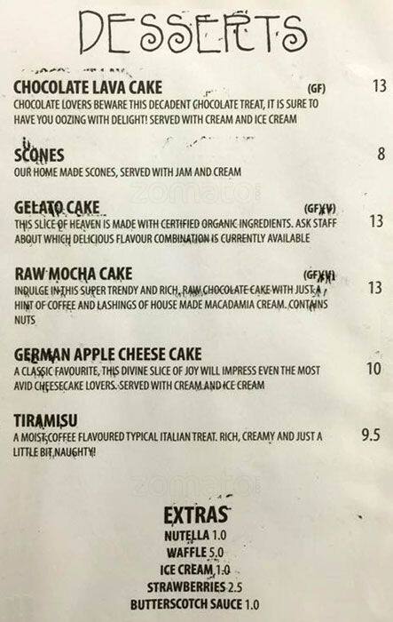 Menu at Spats cafe, Adelaide