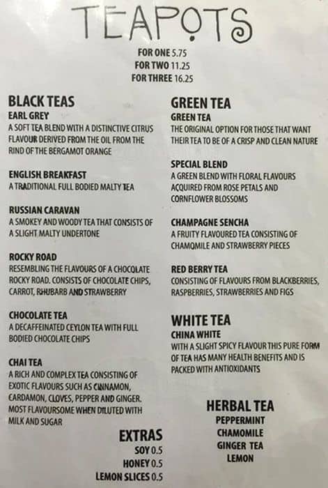 Menu at Spats cafe, Goodwood