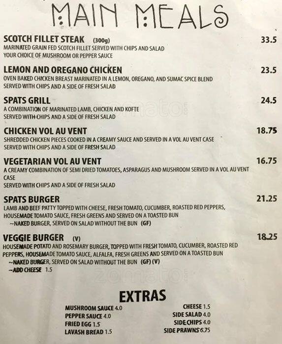Menu at Spats cafe, Goodwood