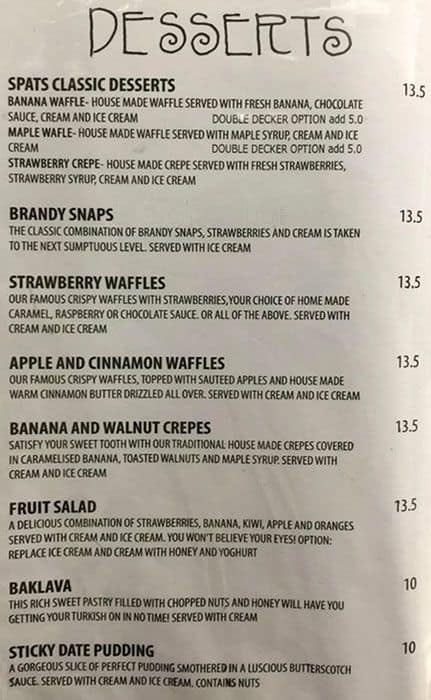 Menu at Spats cafe, Goodwood