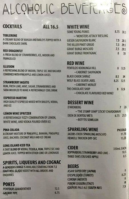 Menu at Spats cafe, Goodwood