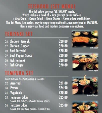 Menu at Matsuri restaurant, Perth, QV1 Building 250 St George's Terrace