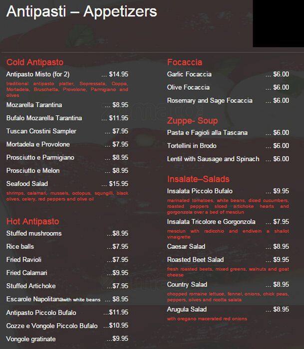 Menu at Il Piccolo Bufalo restaurant, New York City