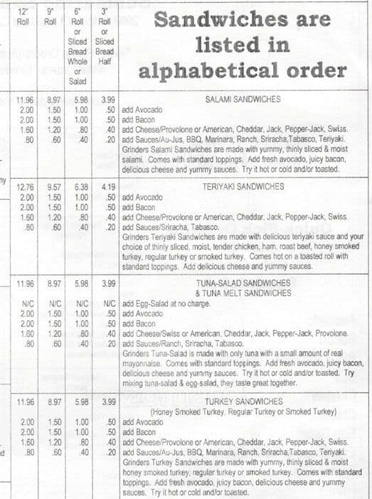 Menu at Grinders Submarine Sandwiches, Oakland