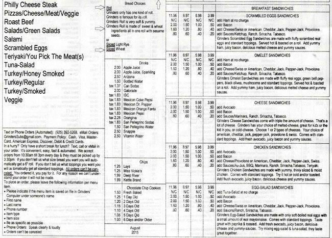 Menu at Grinders Submarine Sandwiches, Oakland