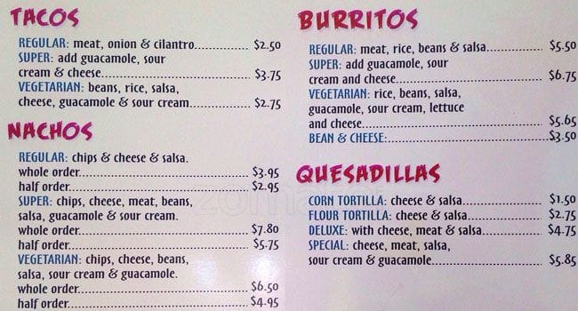 Menu at Chunky's Taqueria & Grill restaurant, Petaluma