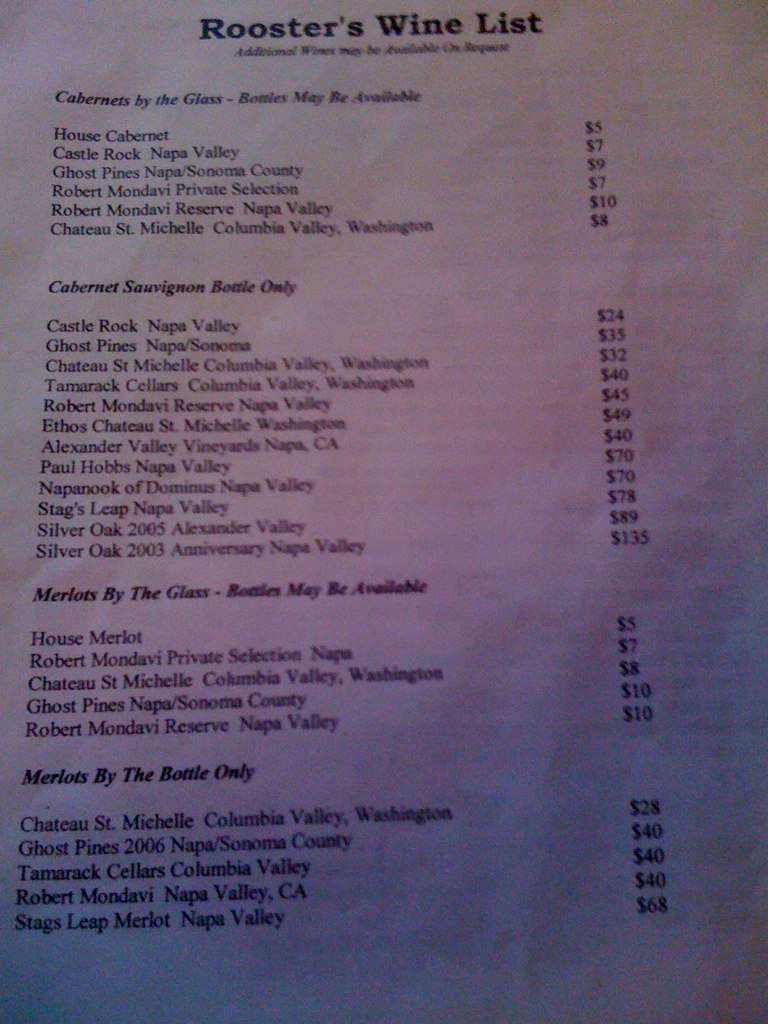 Menu at Roosters Steak & Chop House steakhouse, Klamath Falls