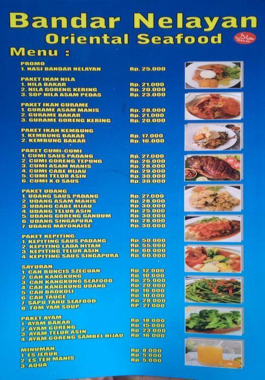 Menu at Bandar Nelayan restaurant, South Jakarta