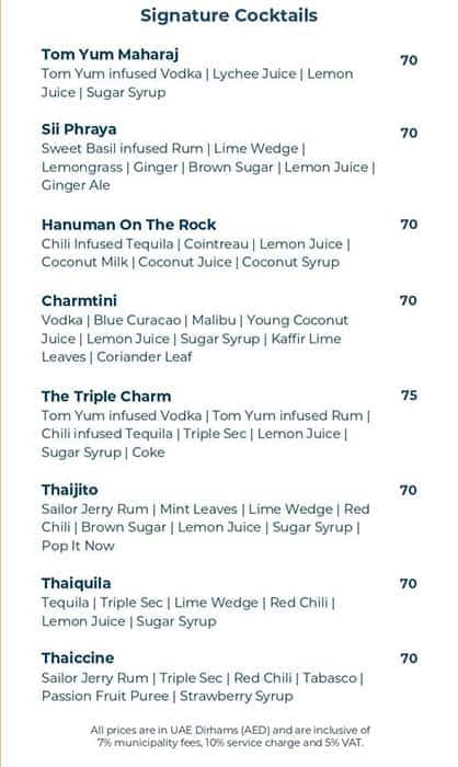 Menu at Charm Thai restaurant, Dubai