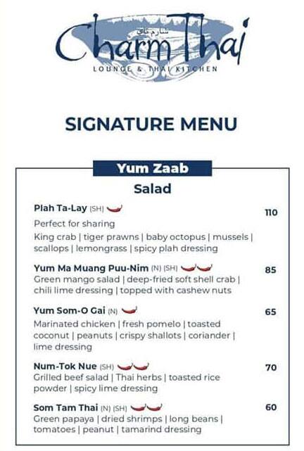 Menu at Charm Thai restaurant, Dubai