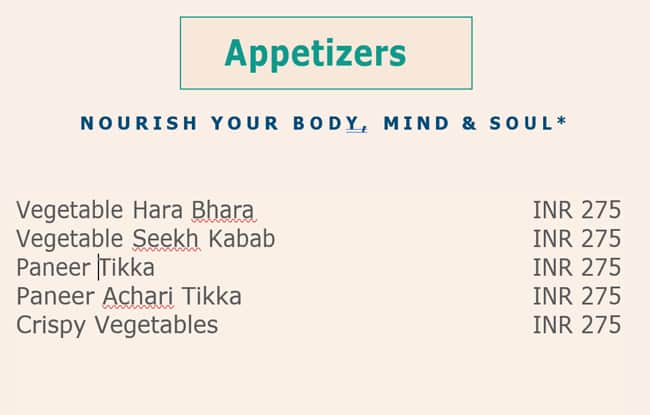 Menu of Element3, Indiranagar, Bangalore