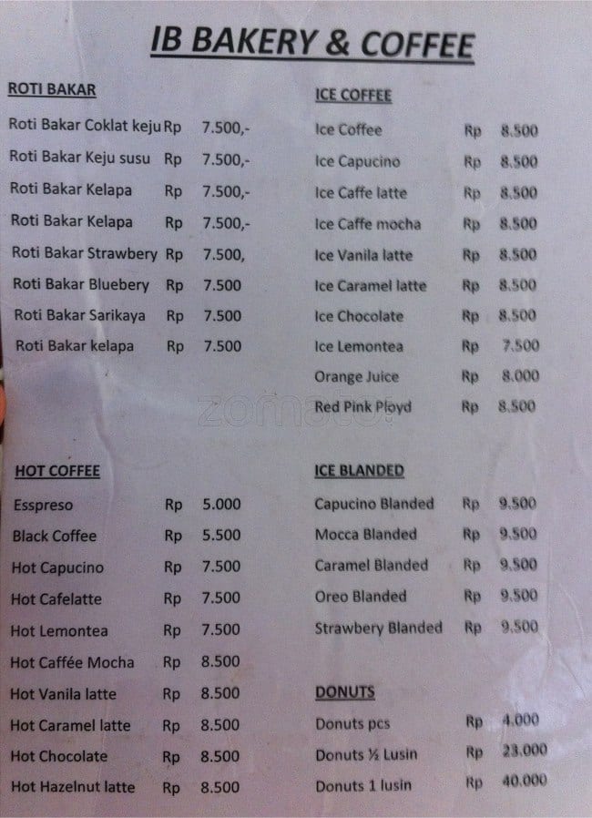 Menu at IB Bakery & Coffee, Tangerang