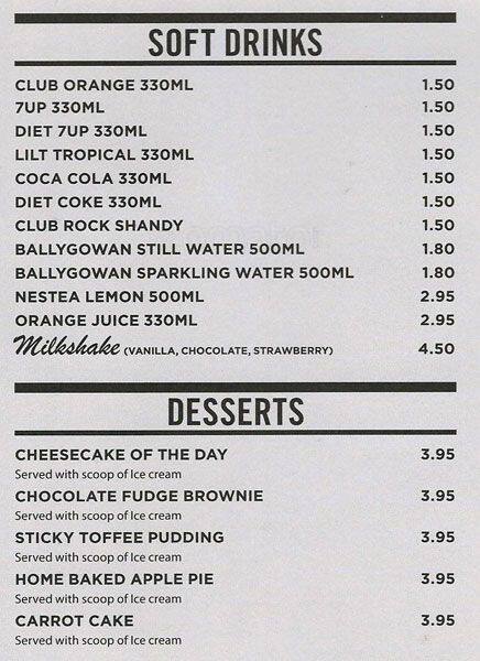 Menu at Camden Rotisserie restaurant, Dublin