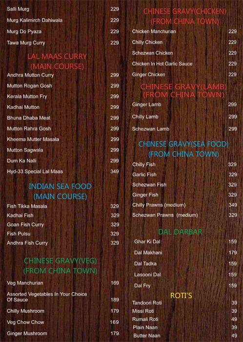 Menu at Hyderabad 33, Hyderabad