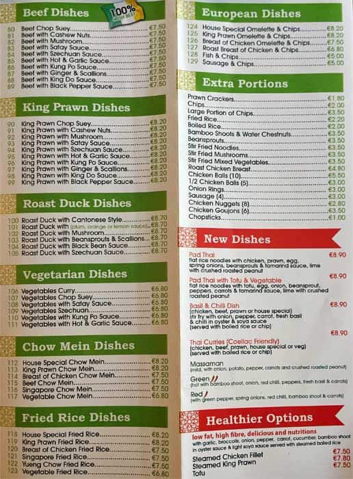 Menu at Lin Kee fast food, Swords, 56 North St