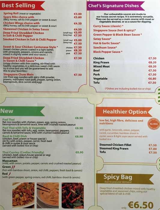 Menu at Lin Kee fast food, Swords, 56 North St