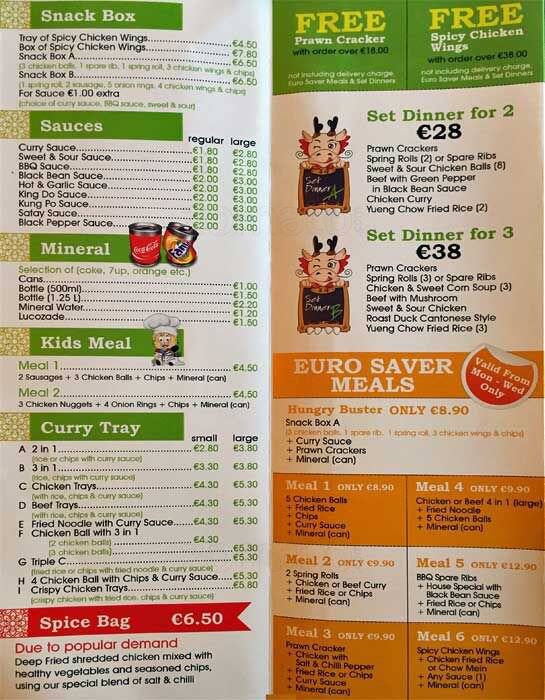 Menu at Lin Kee fast food, Swords, 56 North St