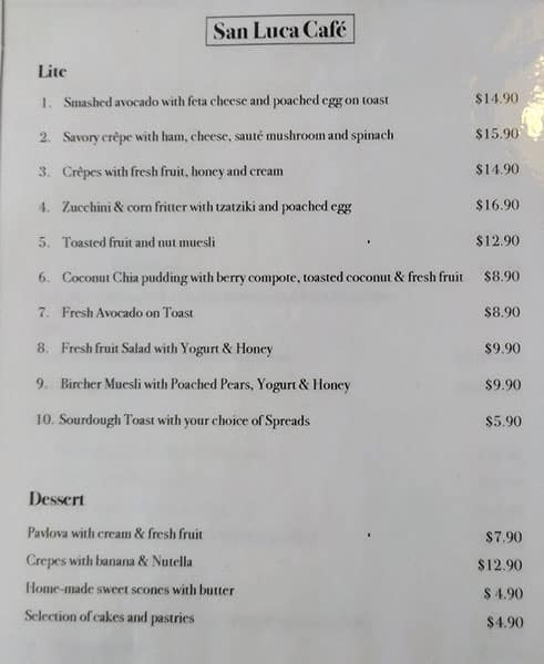 Menu at San Luca Cafe, South Yarra