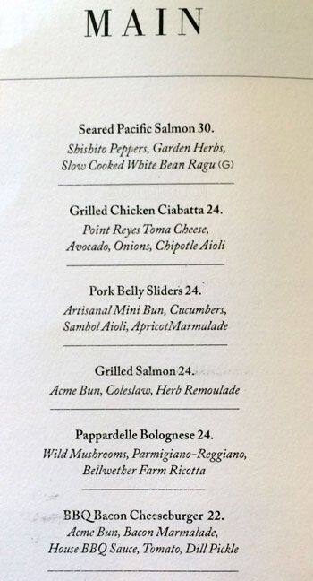 Menu at The Conservatory restaurant, Half Moon Bay