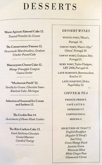 Menu at The Conservatory restaurant, Half Moon Bay
