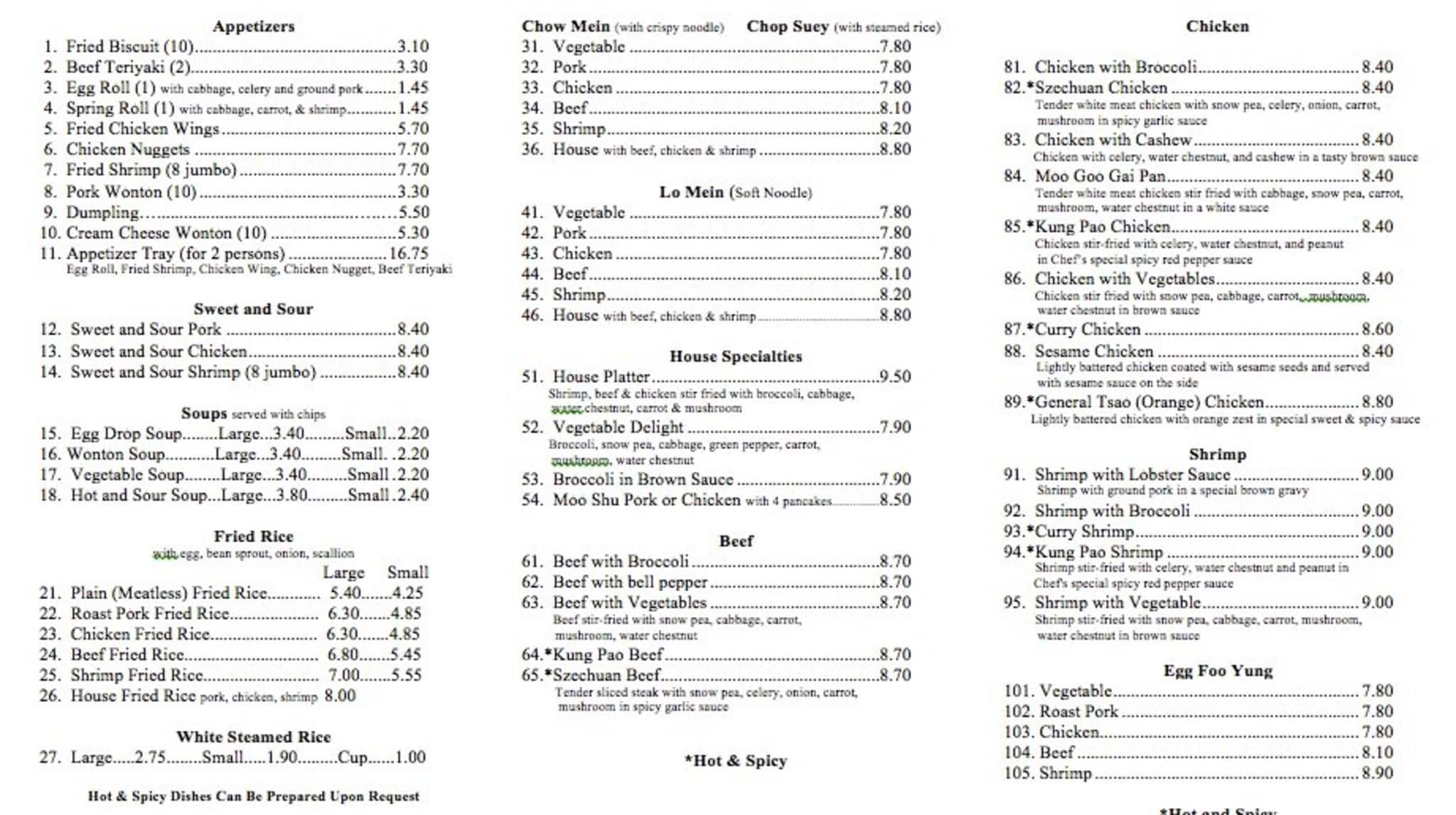 Menu at Chang's House restaurant, Bartlett