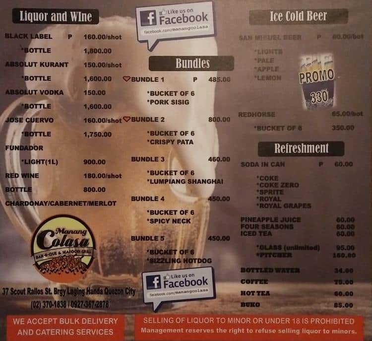 Menu at Colasa restaurant, Quezon City