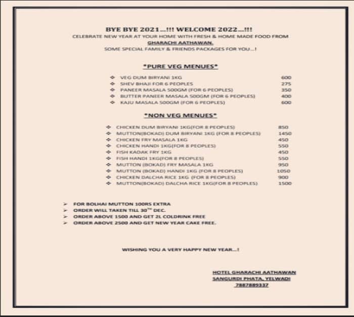 Menu of Hotel Gharachi Athavan, Shivane, Pune