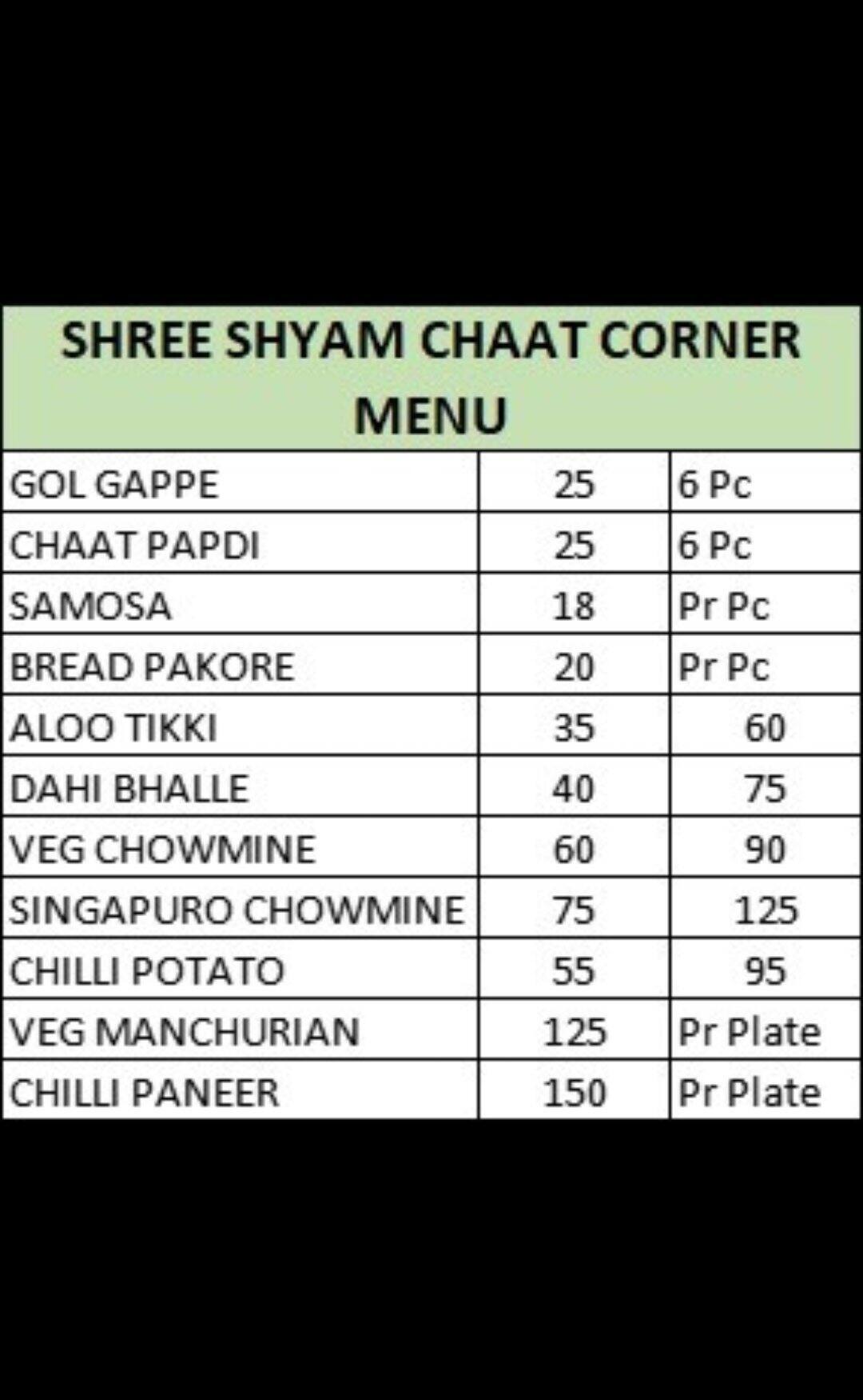 Menu of Shri Shyam Chaat Corner, Govind Puram, Ghaziabad