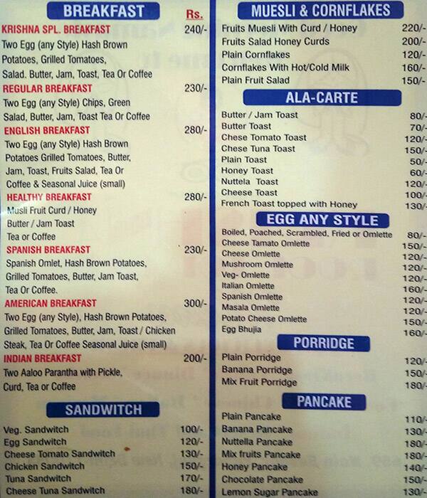 Krishna Cafe Menu, Menu v reštaurácii Krishna Cafe, Paharganj, New ...