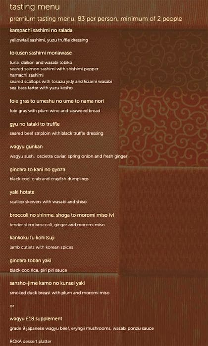 roka restaurant menu