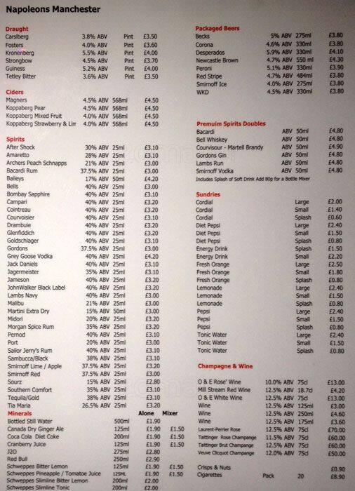 Menu at 拿破仑（Napoleons) Restaurant and KTV, Manchester, 35 Bloom St