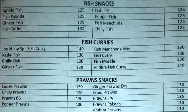 Menu at Joy N Joy Bar And Restaurant, Secunderabad