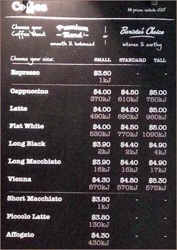 Carta de Hudsons Coffee, Chirnside Park