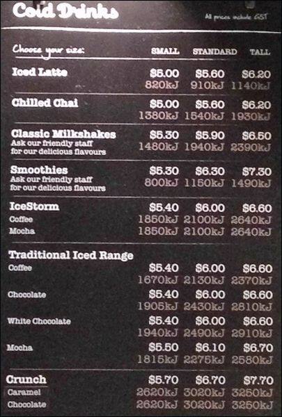 Carta de Hudsons Coffee, Chirnside Park