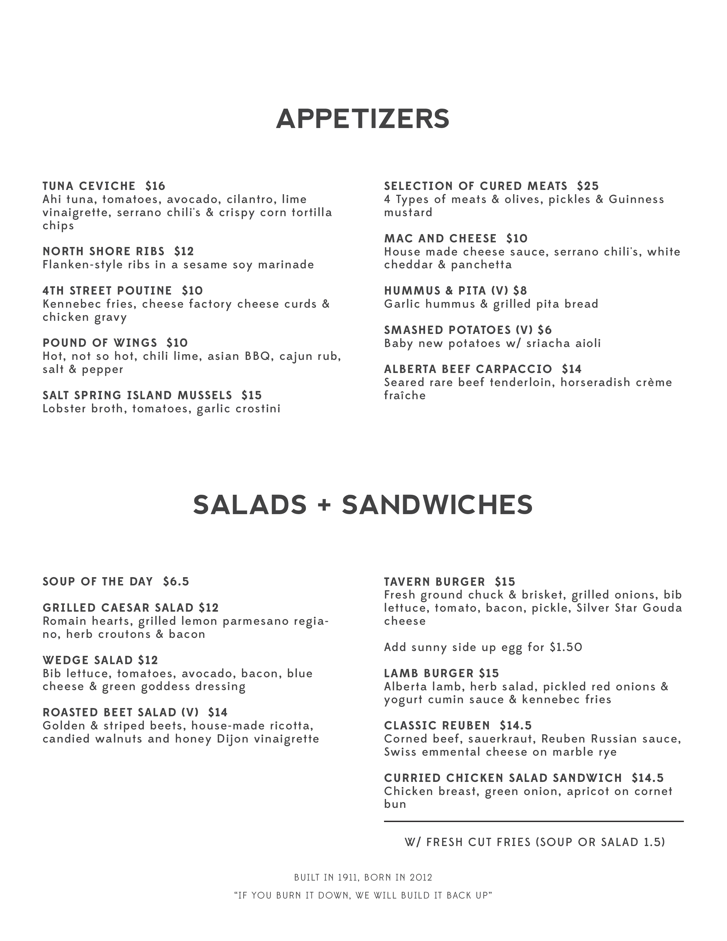 Menu at Mercer Tavern pub & bar, Edmonton