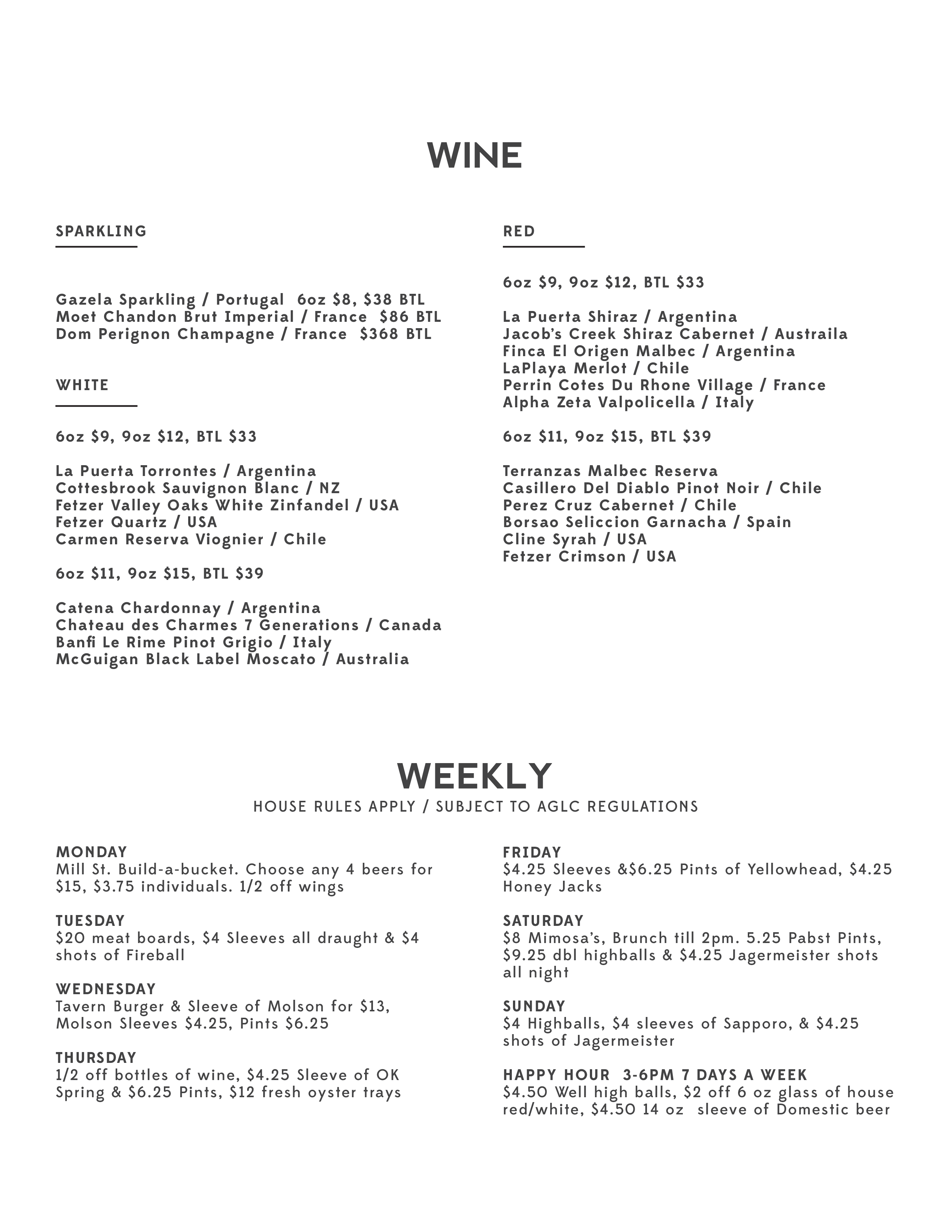 Menu at Mercer Tavern pub & bar, Edmonton