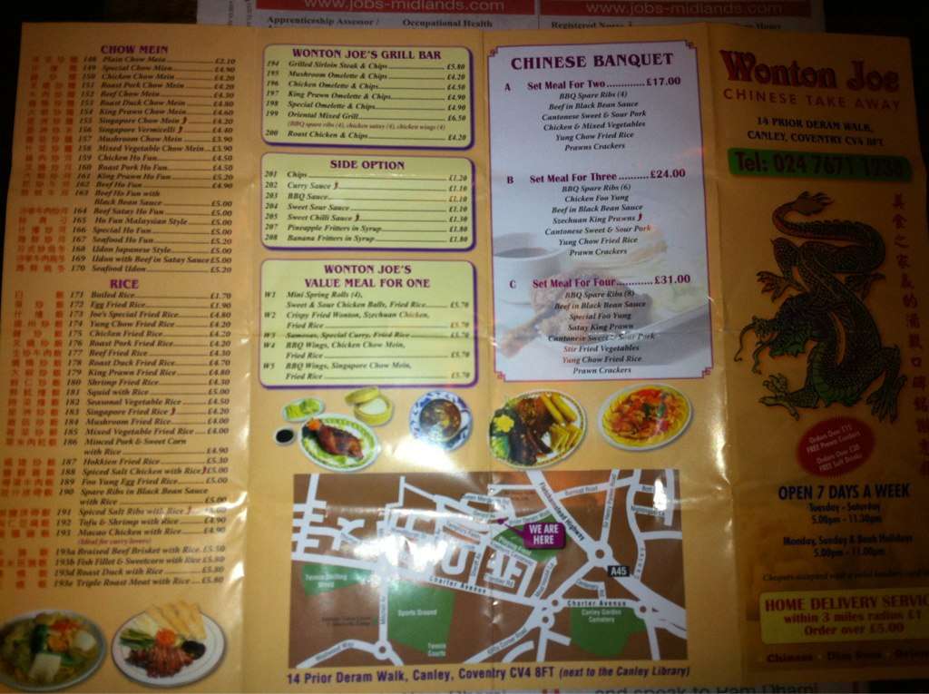 Menu at Wonton Joe restaurant, Coventry